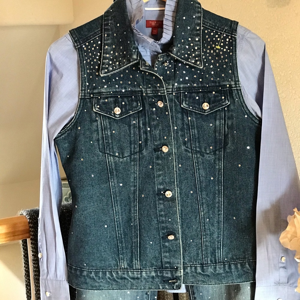Vtg Rhinestone Studded Denim Vest 1990 Xsp - Gem